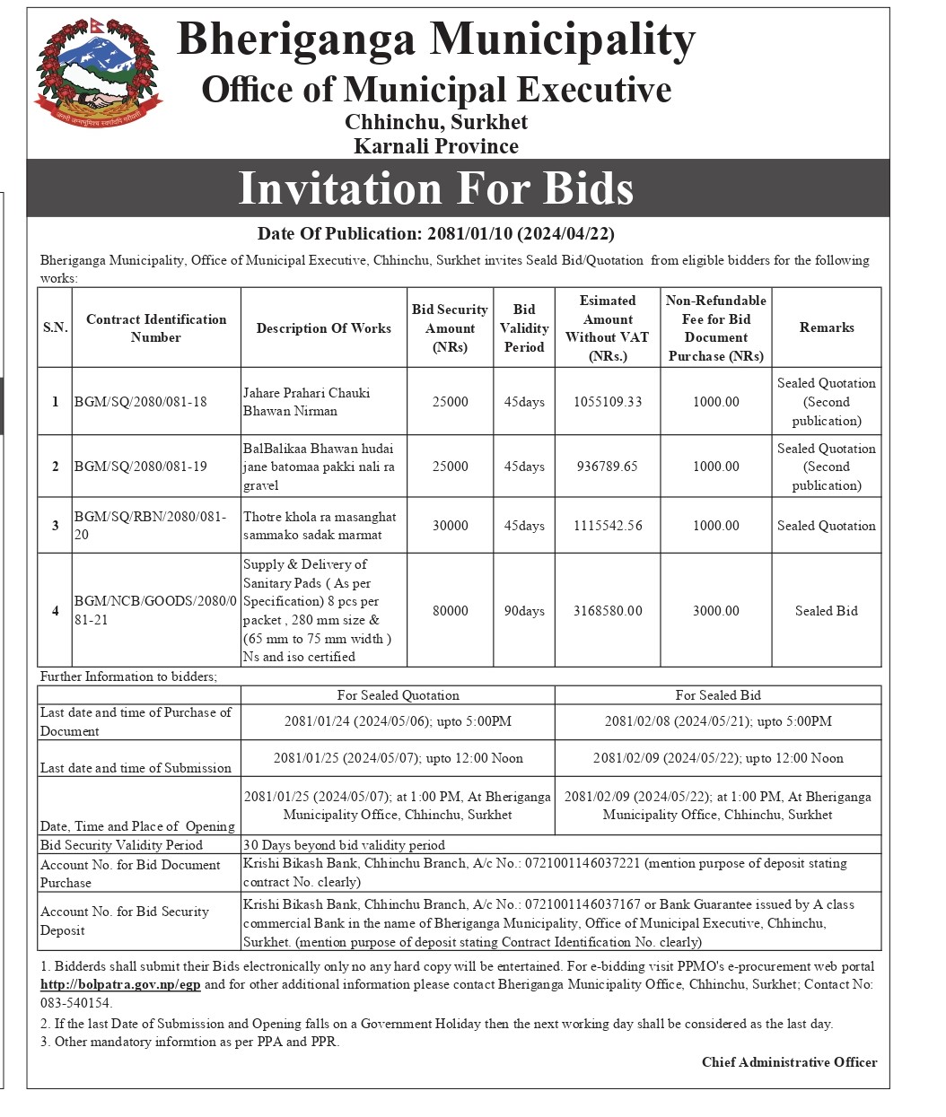 invitation for the bids | Bheri Ganga Municipality